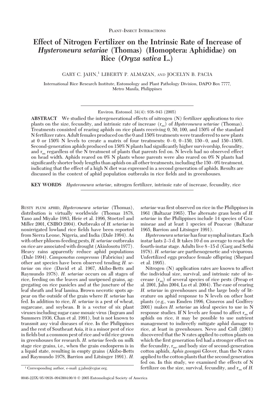 Effect of Nitrogen Fertilizer on the Intrinsic Rate of Increase of ...