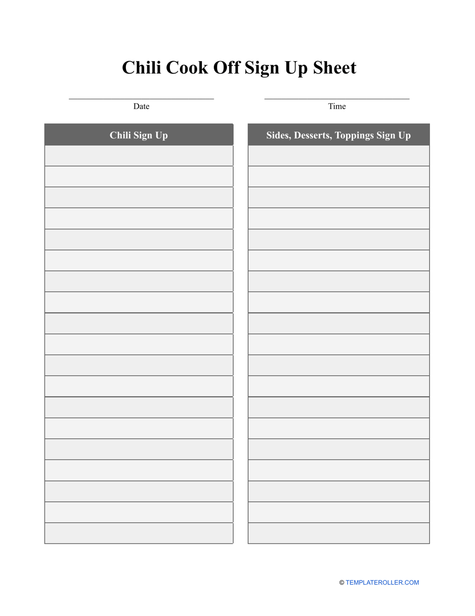 Chili Cook Off Sign Up Sheet Template Free Printable Chili Cook Off