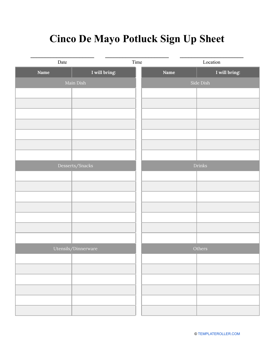 Cinco De Mayo Potluck Sign Up Sheet Template Download Printable PDF 