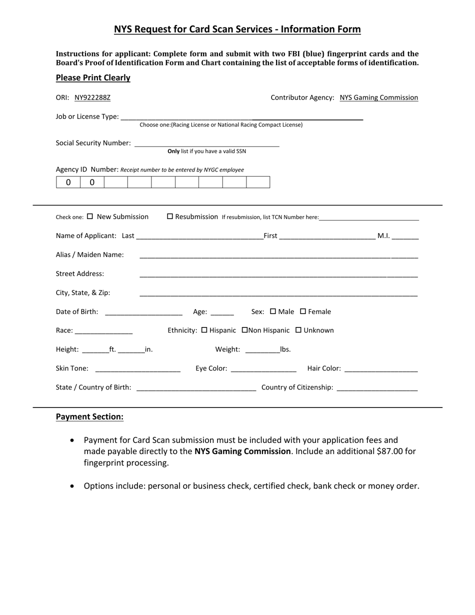New York NYS Request for Card Scan Services - Information Form - Fill ...