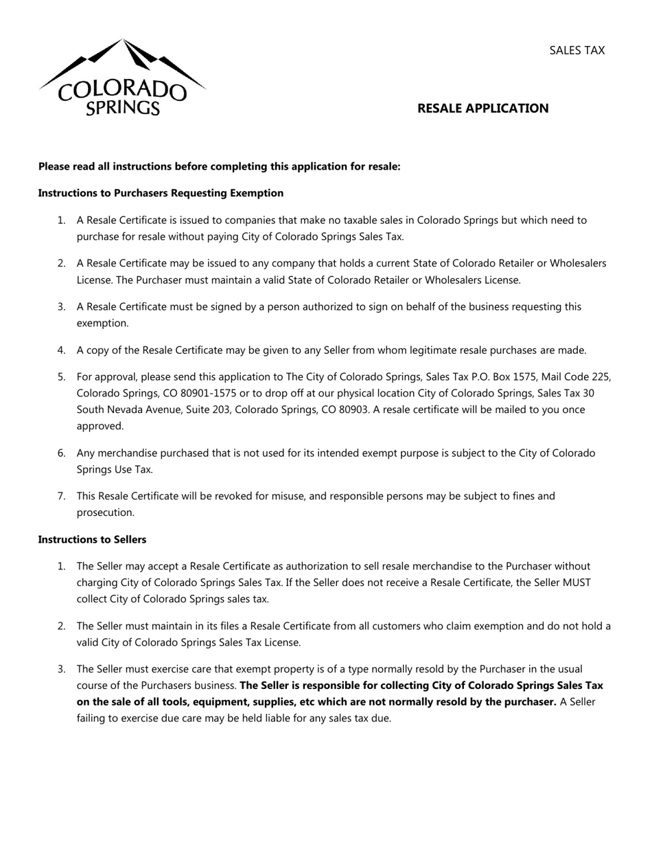 City of Colorado Springs, Colorado Resale Application - Fill Out, Sign ...