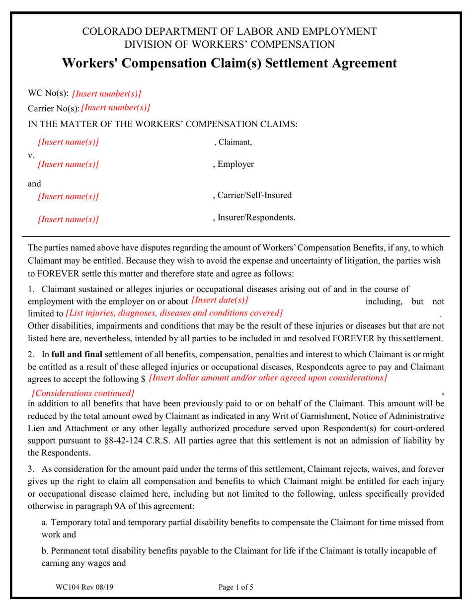 Form WC104 - Fill Out, Sign Online and Download Fillable PDF, Colorado ...