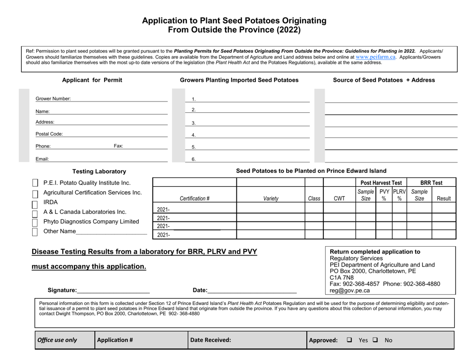 2022 Prince Edward Island Canada Application to Plant Seed Potatoes ...