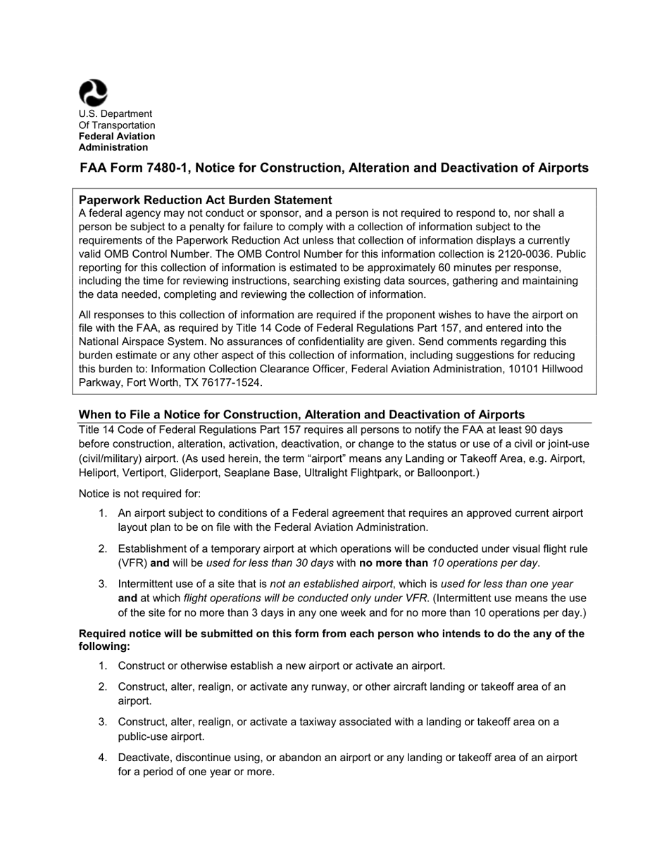 FAA Form 7480-1 - Fill Out, Sign Online and Download Fillable PDF ...