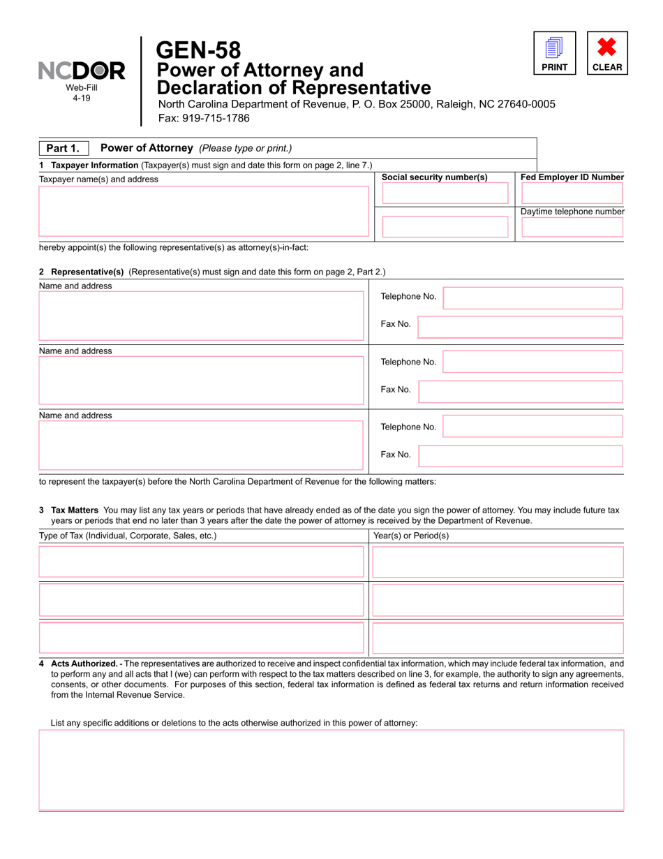 Form GEN-58 Download Fillable PDF or Fill Online Power of Attorney and ...