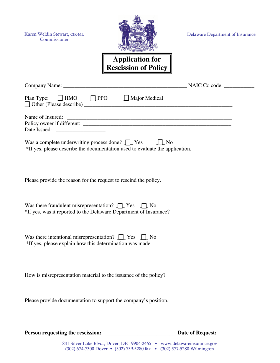 Delaware Application for Rescission of Policy - Fill Out, Sign Online ...