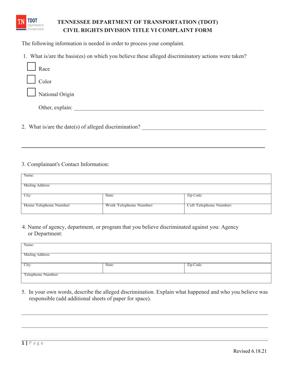 Tennessee Civil Rights Division Title VI Complaint Form - Fill Out ...