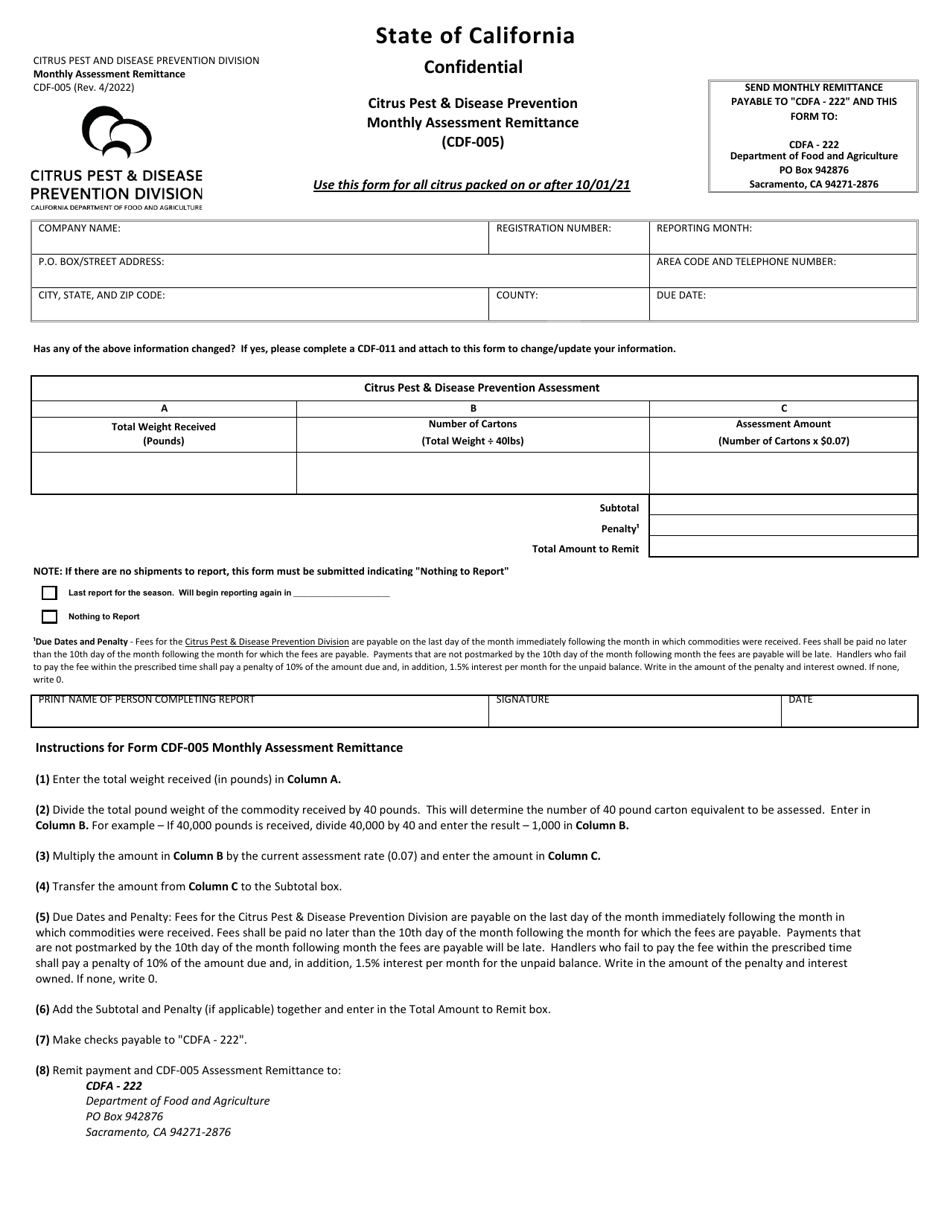 Form CDF-005 - Fill Out, Sign Online and Download Fillable PDF, California | Templateroller