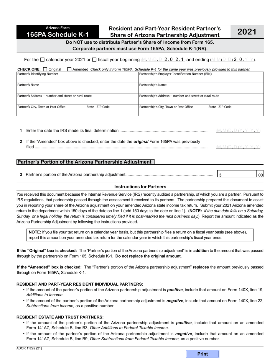 Arizona Form 165PA (ADOR11292) Schedule K-1 - 2021 - Fill Out, Sign ...