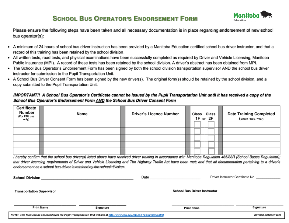 Manitoba Canada School Bus Operator's Endorsement Form - Fill Out, Sign ...