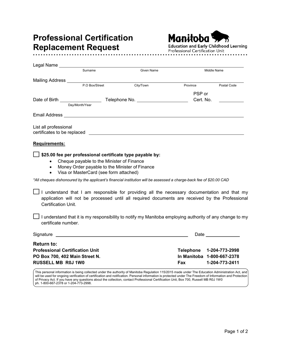 Manitoba Canada Professional Certification Replacement Request - Fill ...