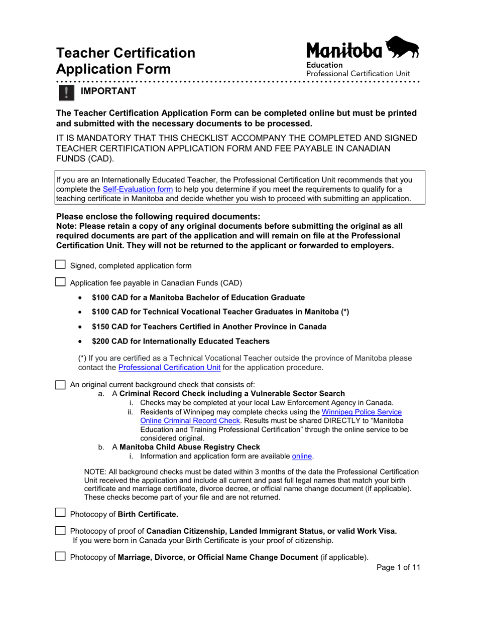 Manitoba Canada Teacher Certification Application Form - Fill Out, Sign ...