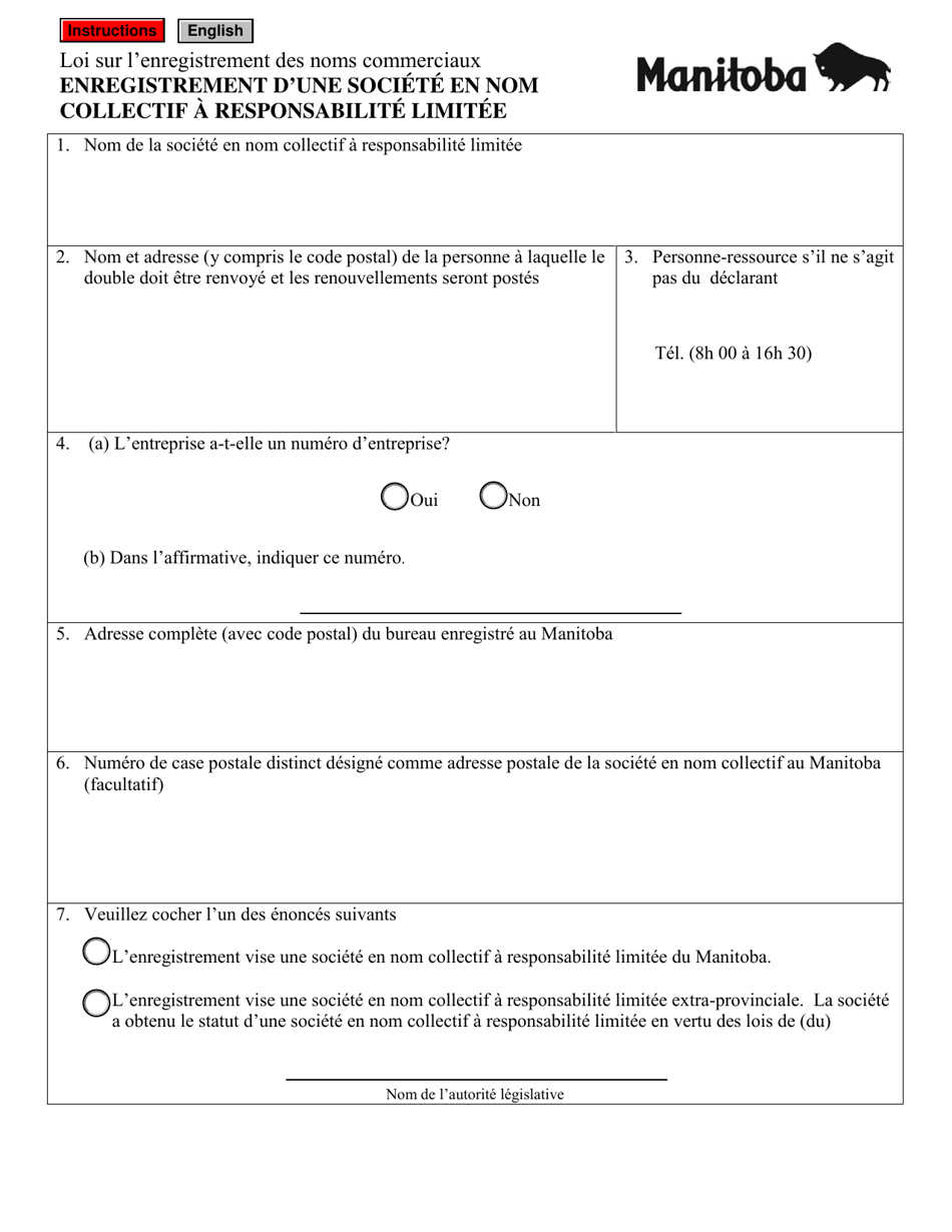 Manitoba Canada Enregistrement D'une Societe En Nom Collectif a ... Manitoba Canada Enregistrement D'une Societe En Nom Collectif a ...