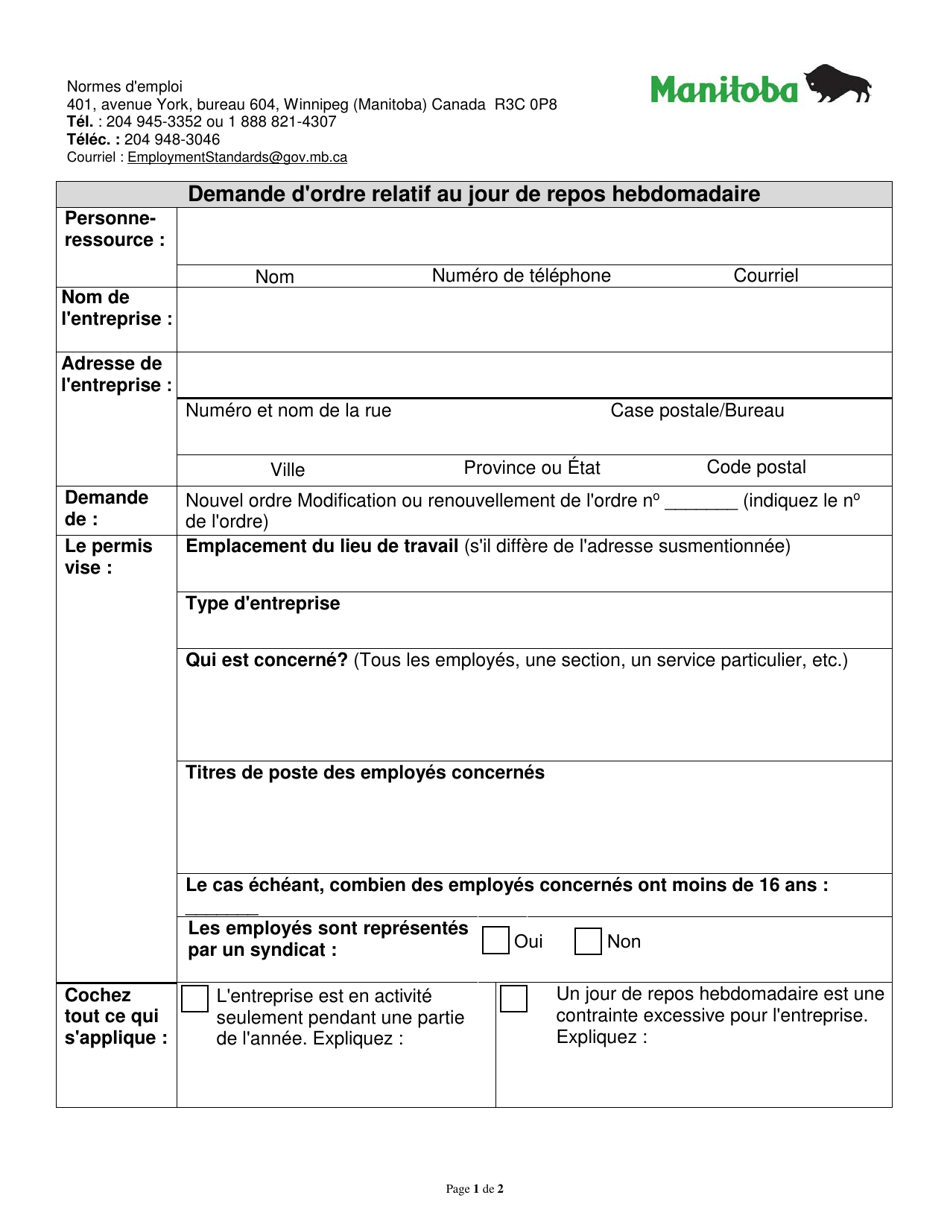 Manitoba Canada Demande D'ordre Relatif Au Jour De Repos Hebdomadaire ...