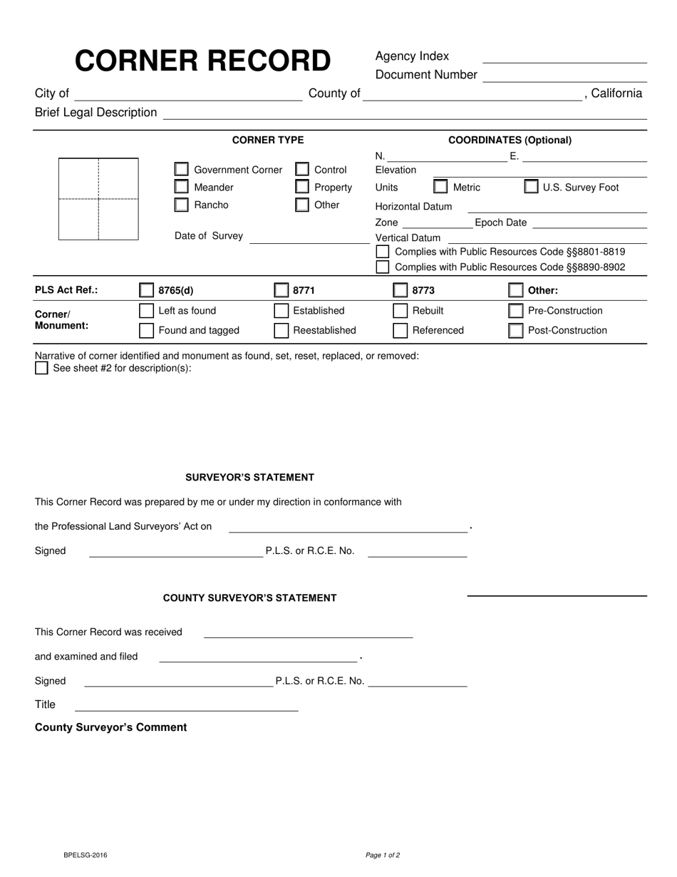 California Corner Record Form - Fill Out, Sign Online and Download PDF ...