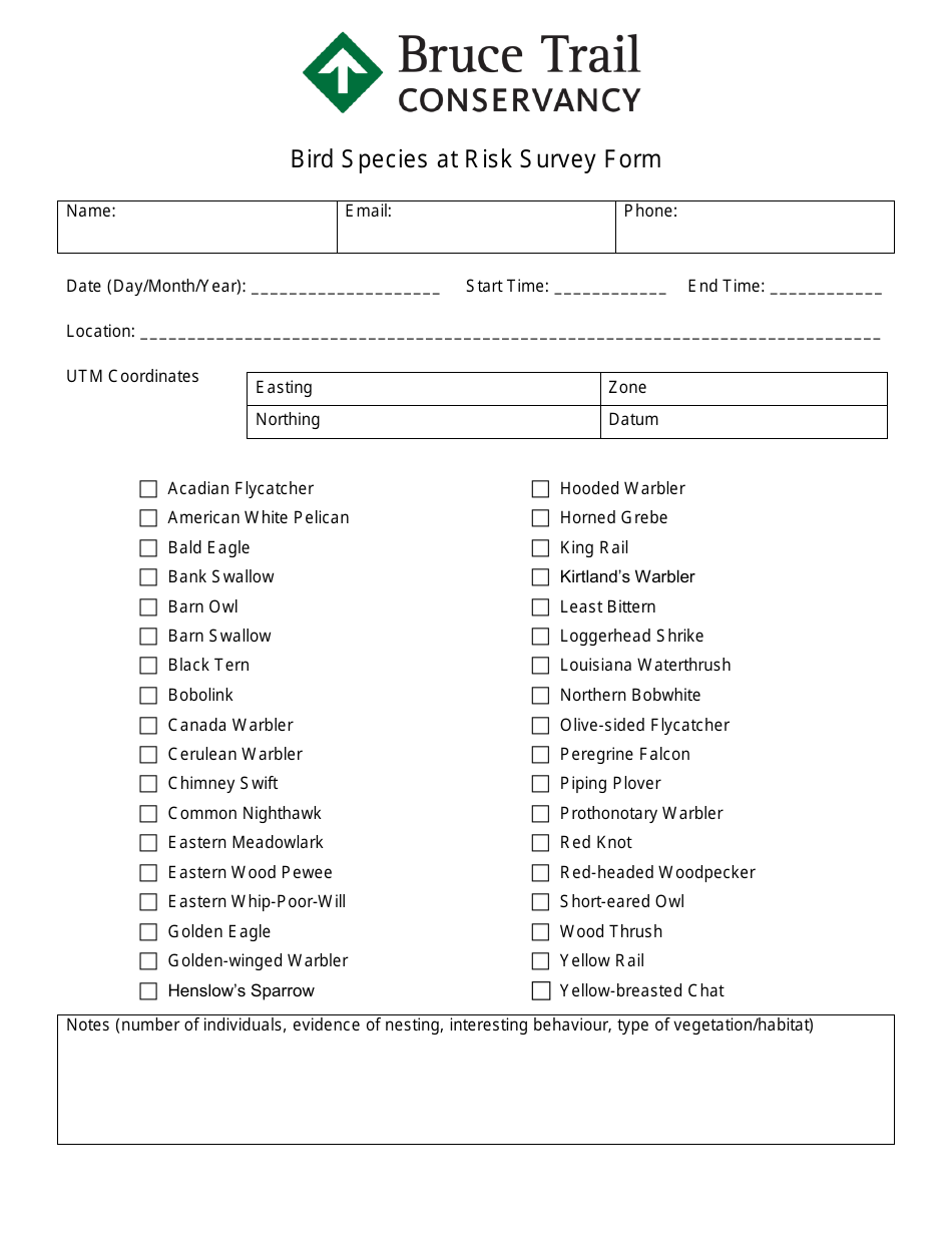 Bird Species at Risk Survey Form - Bruce Trail Conservancy - Fill Out ...