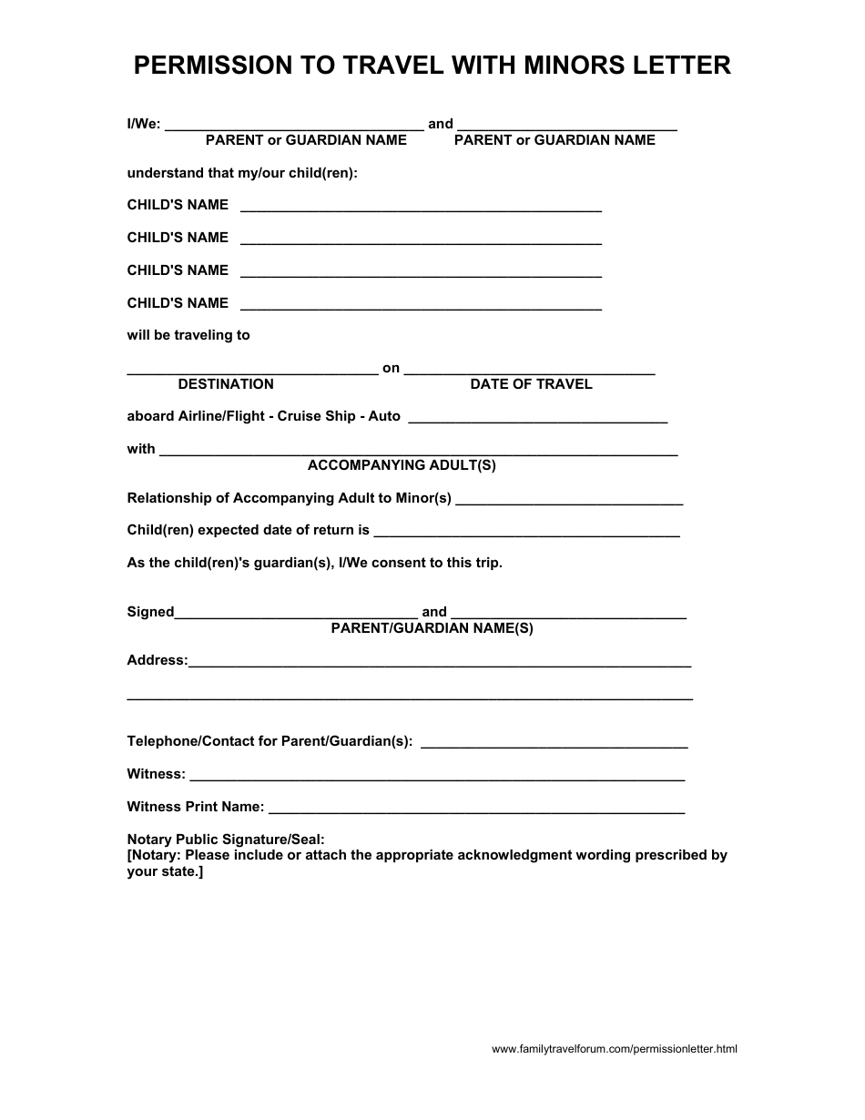 Permission To Travel With Minors Letter Template Fill Out Sign