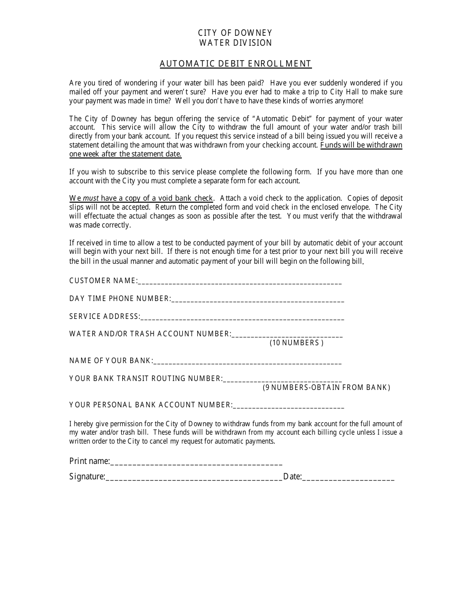 City of Downey, California Automatic Debit Enrollment Form - Fill Out ...