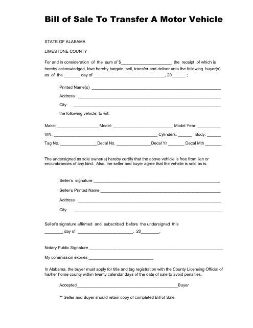 Limestone County Alabama Bill Of Sale To Transfer A Motor Vehicle 