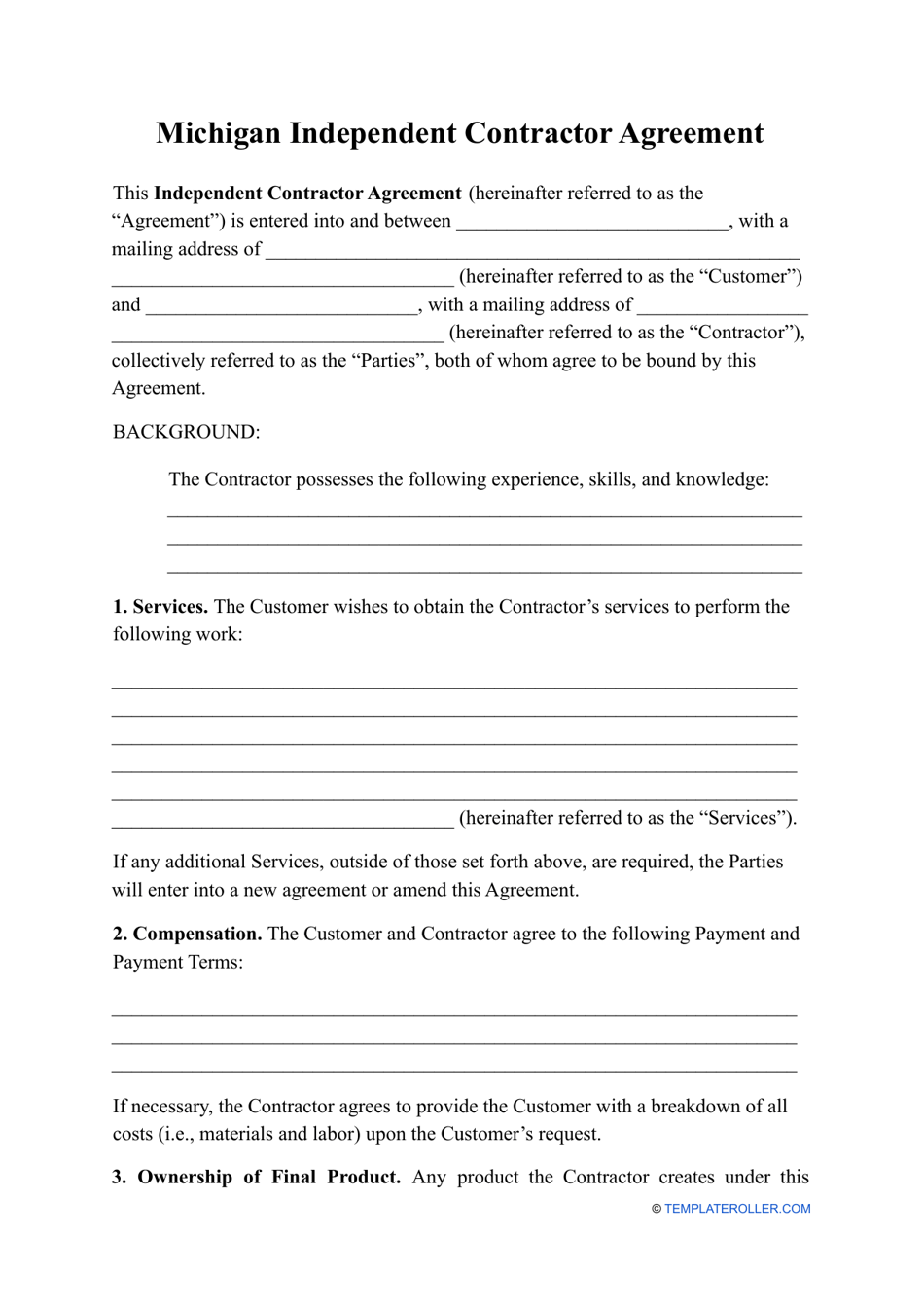 Michigan Independent Contractor Agreement Template - Fill Out, Sign ...