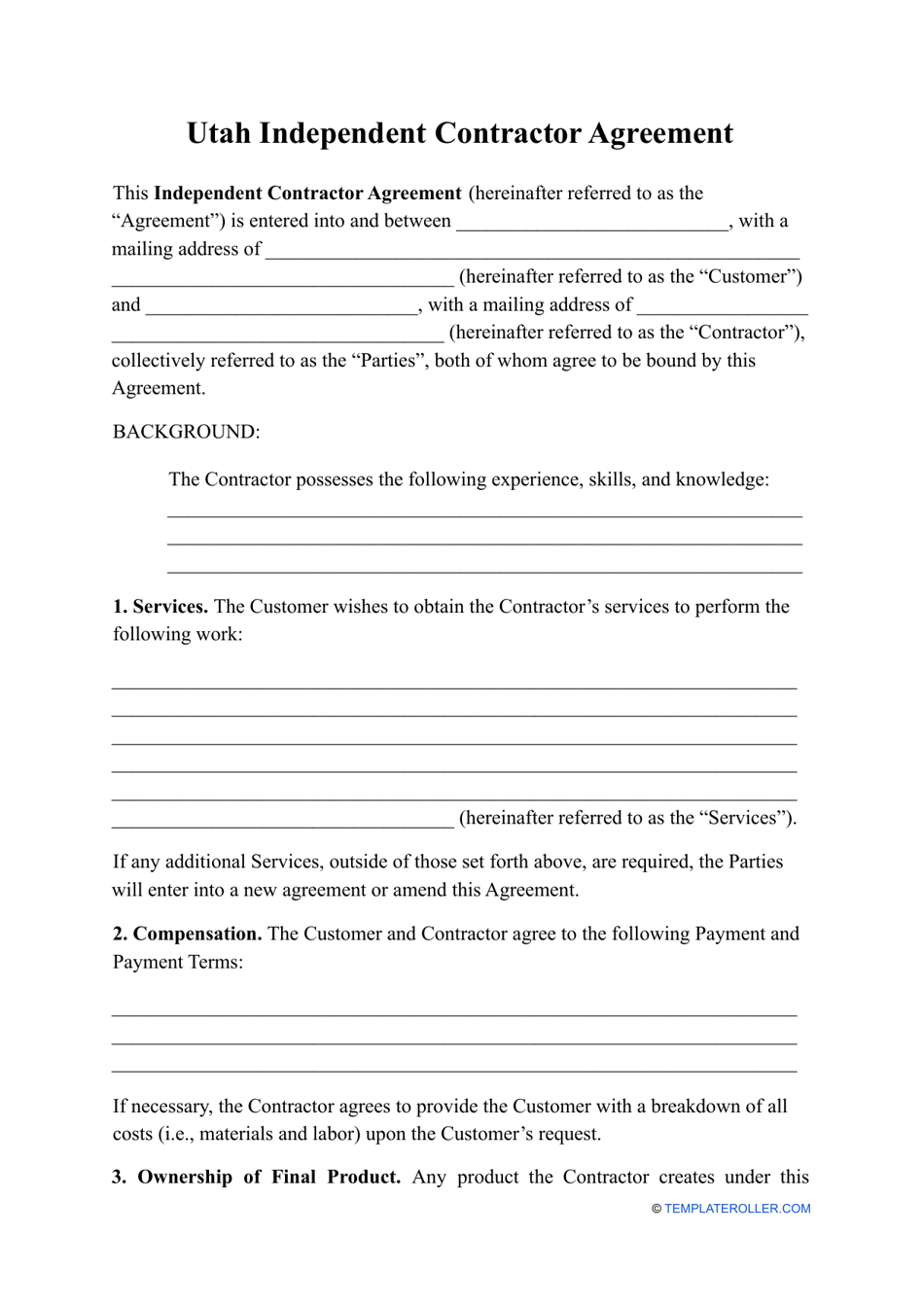 Utah Independent Contractor Agreement Template - Fill Out, Sign Online ...