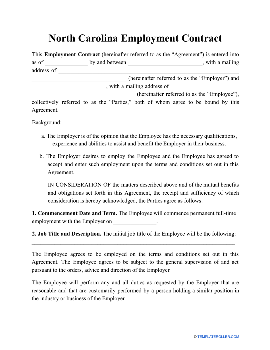 North Carolina Employment Contract Template - Fill Out, Sign Online and ...