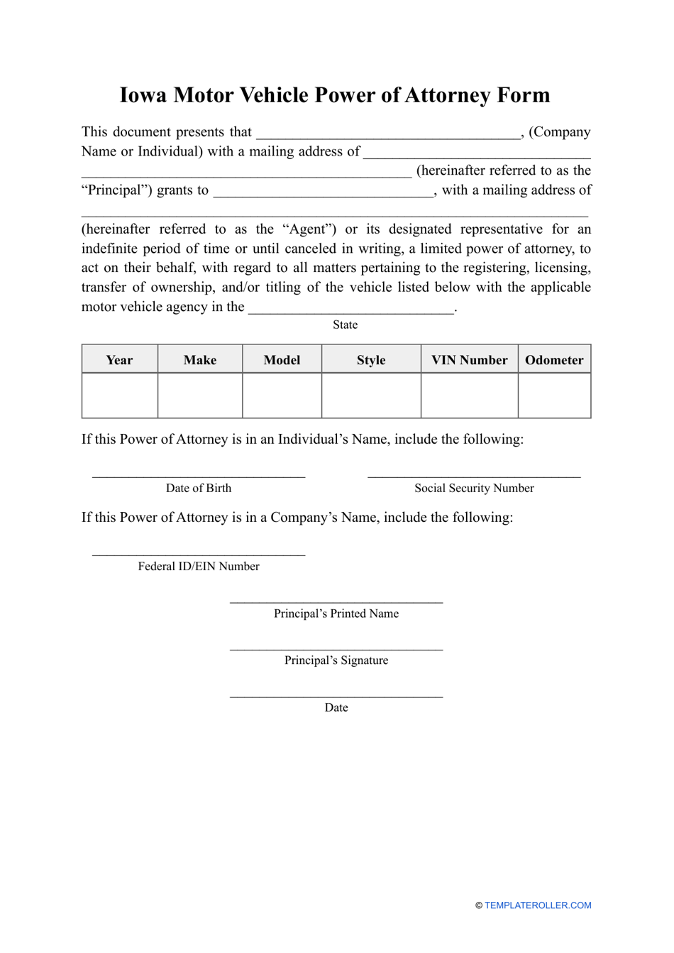 Iowa Motor Vehicle Power of Attorney Form - Fill Out, Sign Online and ...