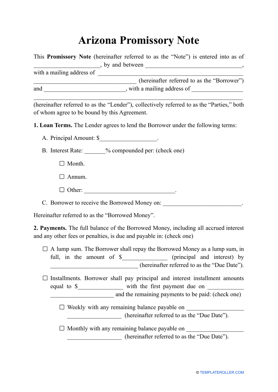 Arizona Promissory Note Template Download Printable PDF Templateroller