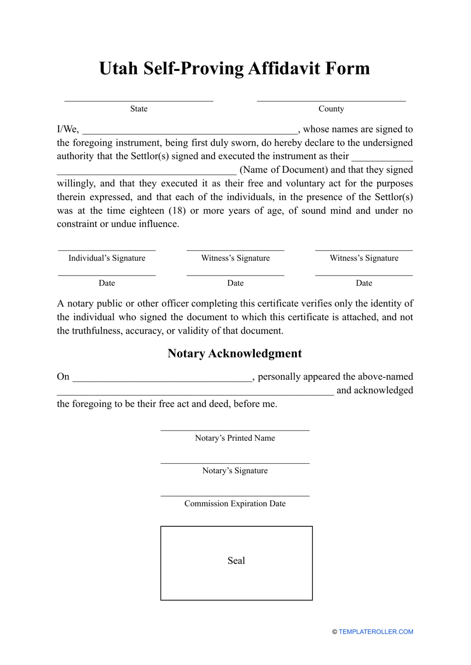 Utah Self-proving Affidavit Form - Fill Out, Sign Online and Download ...