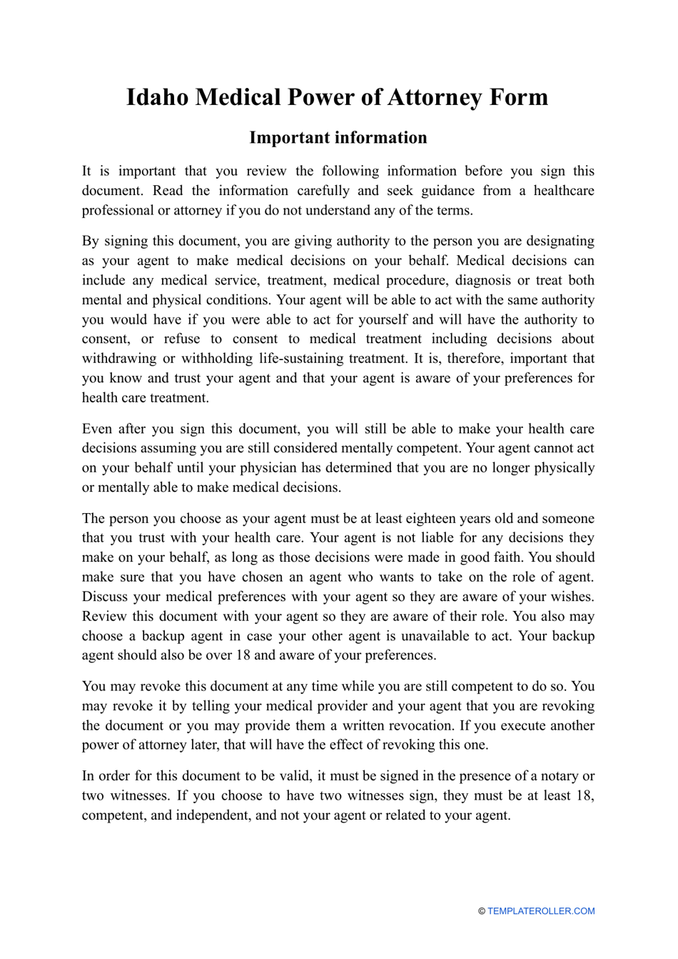 Idaho Medical Power of Attorney Form - Fill Out, Sign Online and Download PDF | Templateroller