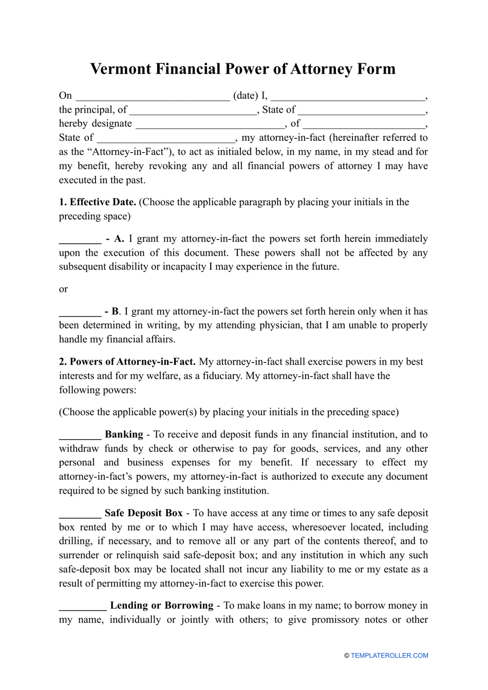 Vermont Financial Power of Attorney Form Download Printable PDF ...
