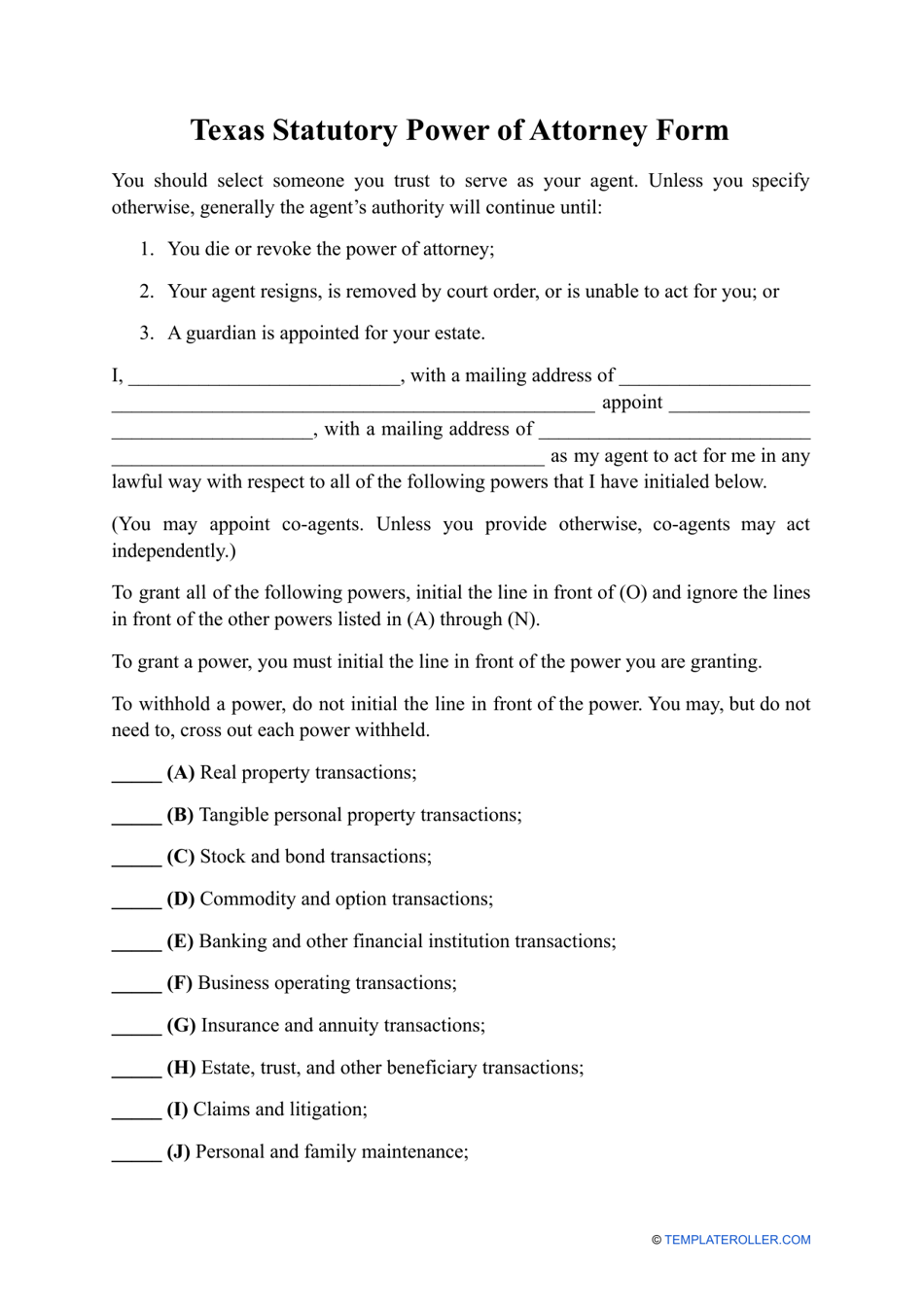 Texas Statutory Power of Attorney Form - Fill Out, Sign Online and ...