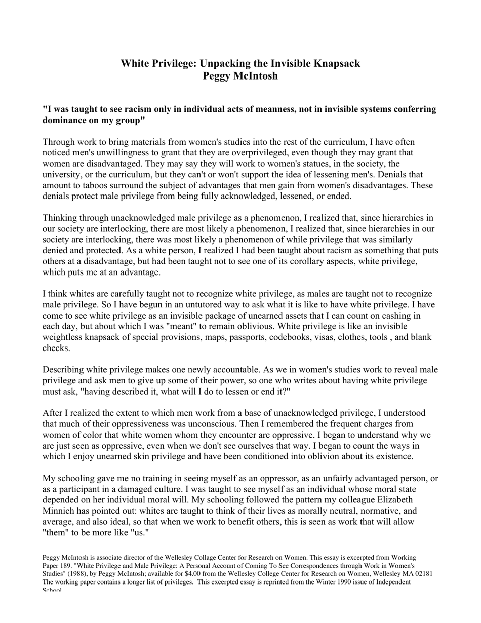 White Privilege: Unpacking the Invisible Knapsack - Peggy Mcintosh ...
