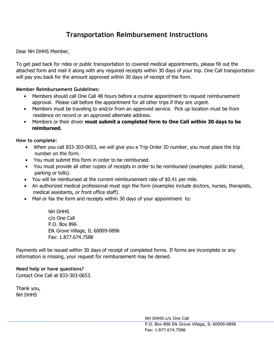 New Hampshire Transportation Reimbursement Form - Fill Out, Sign Online ...