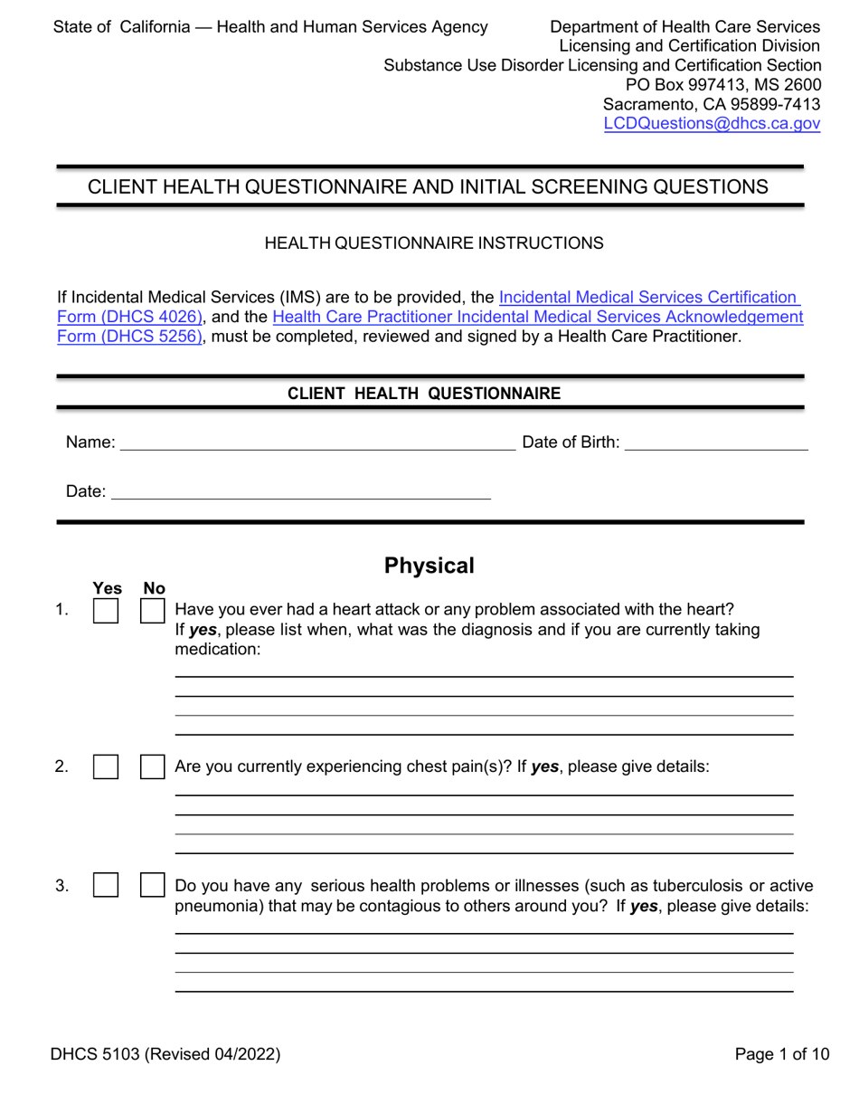 Form DHCS5103 Download Fillable PDF or Fill Online Client Health ...