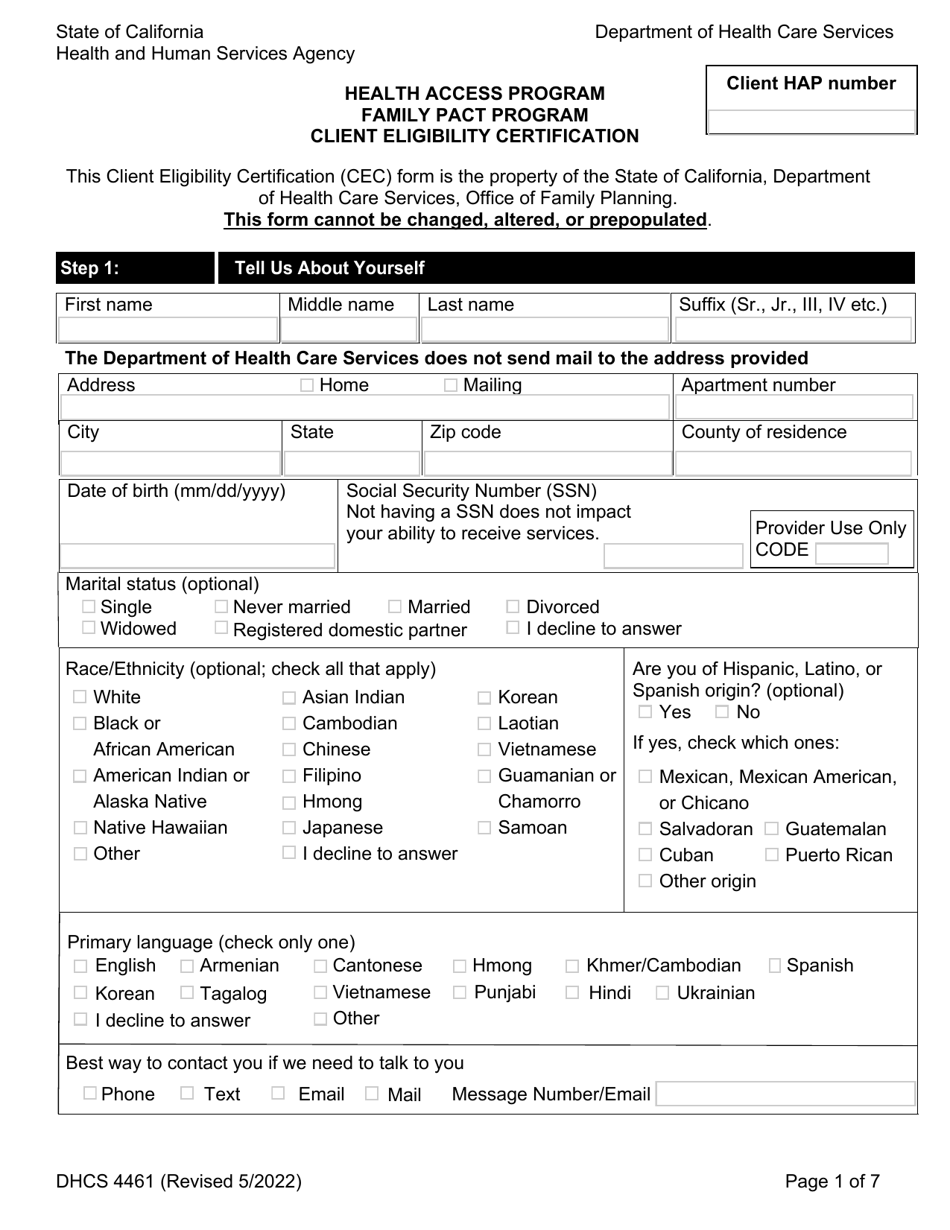 Form DHCS4461 Download Fillable PDF or Fill Online Health Access Program Family Pact Program ...