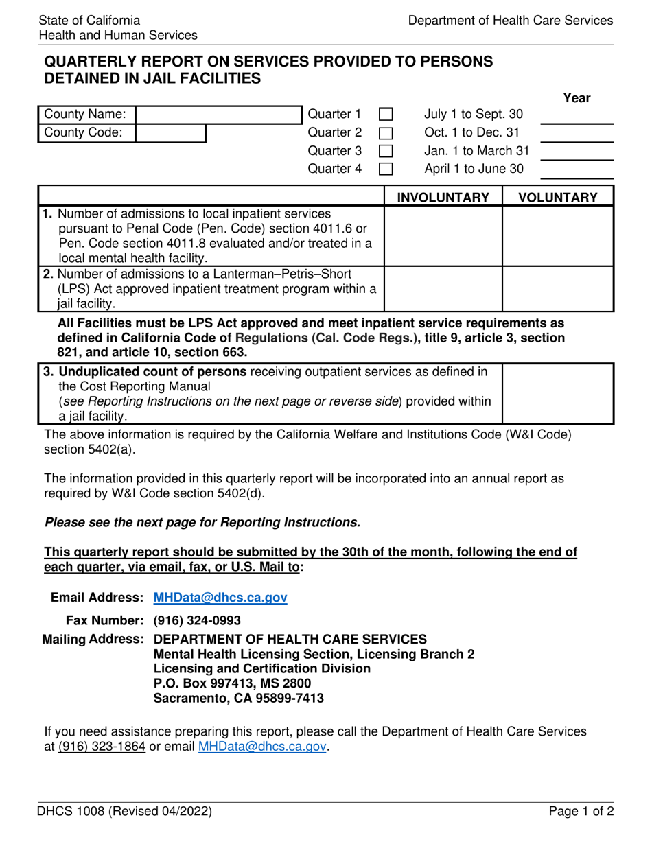 Form DHCS1008 - Fill Out, Sign Online and Download Fillable PDF ...