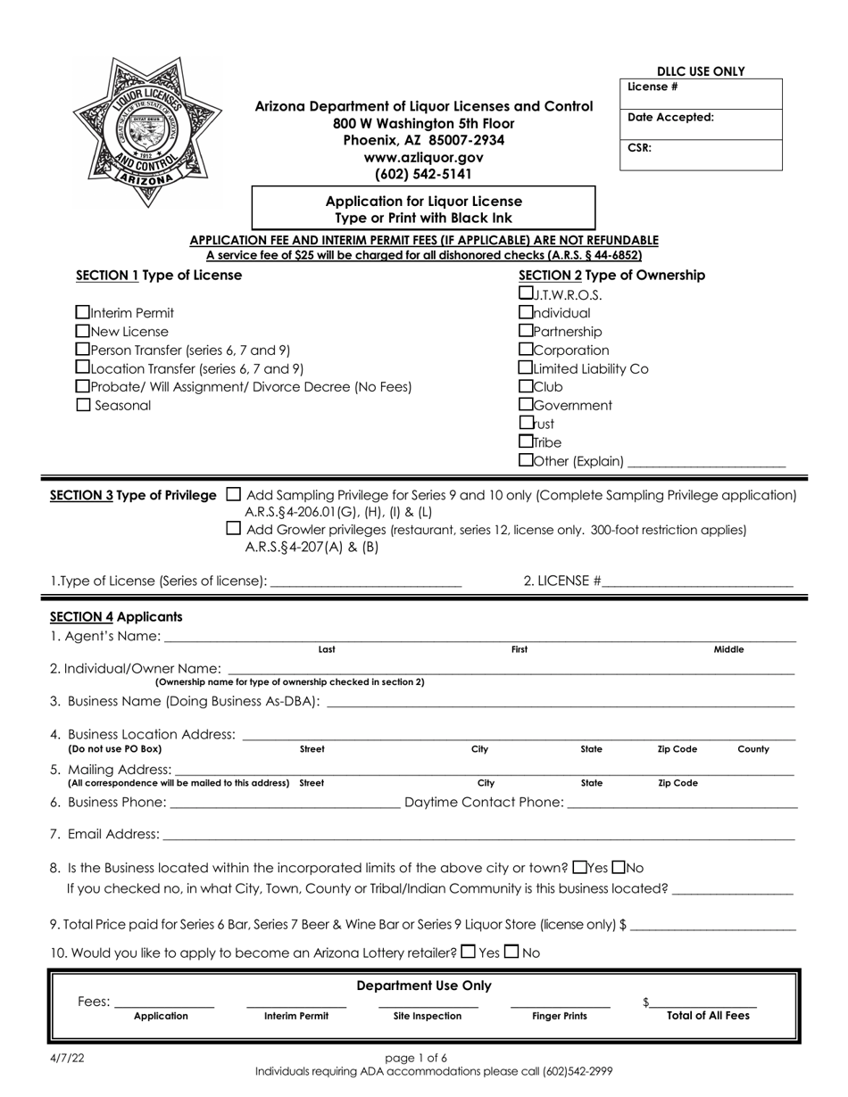 Arizona Application for Liquor License Download Fillable PDF ...