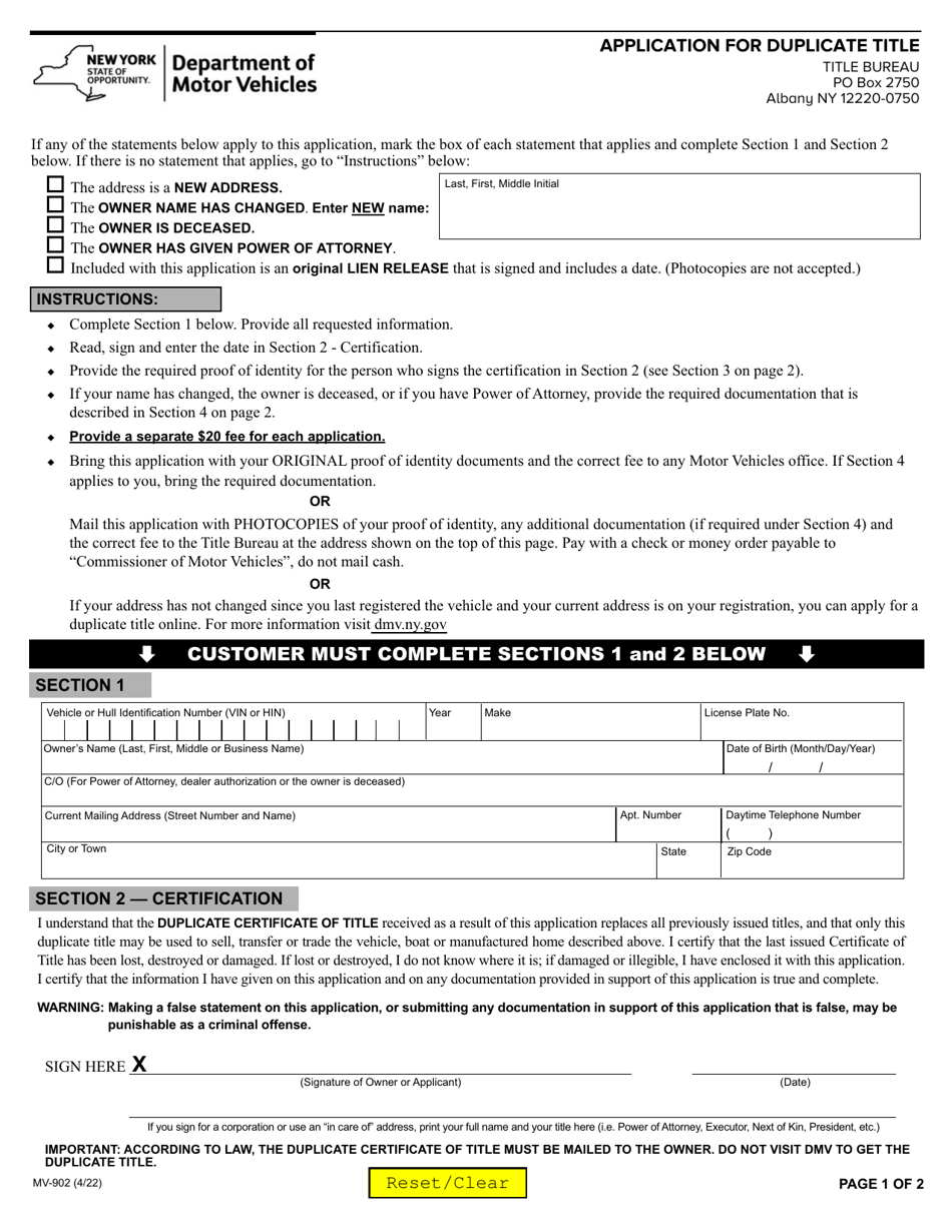 Form MV-902 Download Fillable PDF or Fill Online Application for Duplicate Title, New York 2015 ...