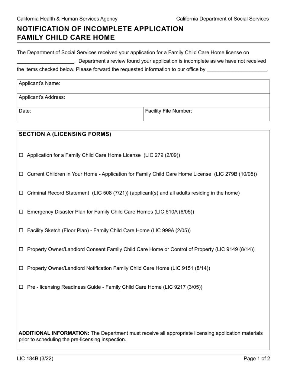Form LIC184B - Fill Out, Sign Online and Download Fillable PDF ...