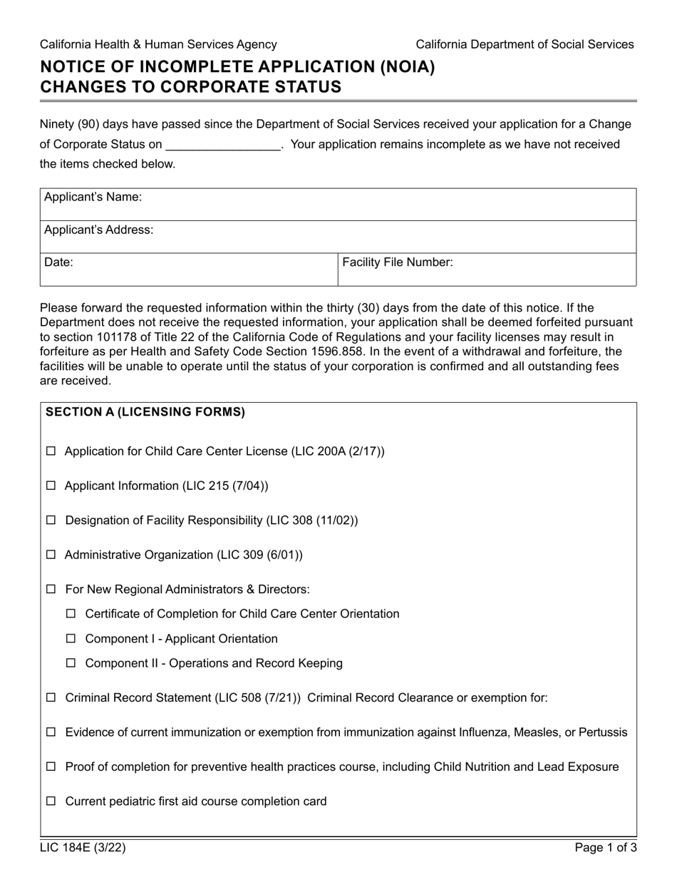 Form LIC184E - Fill Out, Sign Online and Download Fillable PDF ...