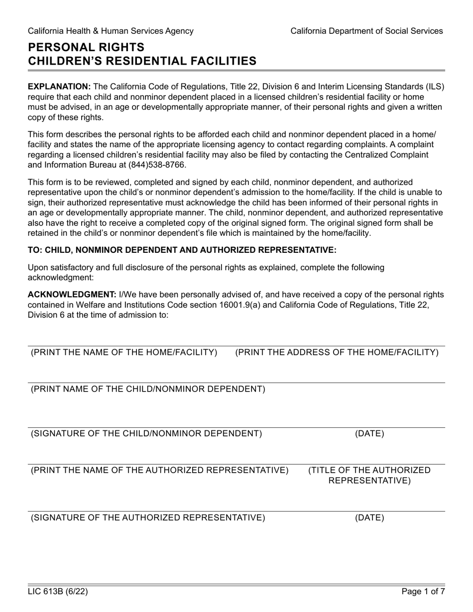 Form LIC613B Download Fillable PDF or Fill Online Personal Rights ...