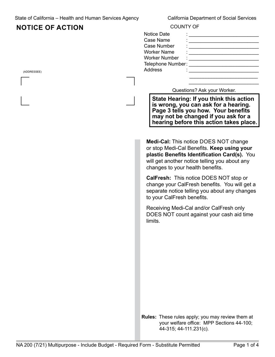 Form NA200 Download Fillable PDF or Fill Online Notice of Action - Multipurpose - Include Budget ...