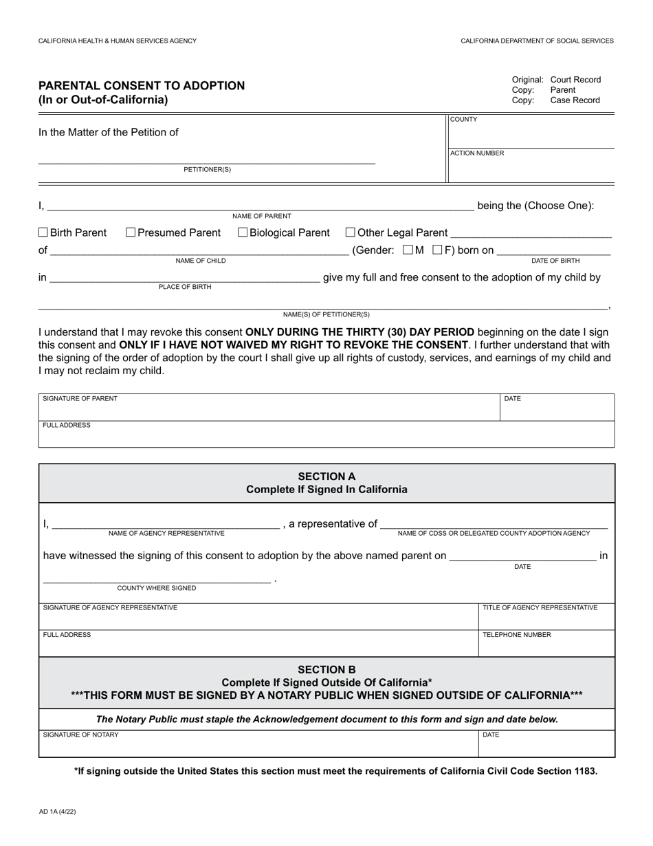 Form AD1A Download Fillable PDF or Fill Online Parental Consent to ...