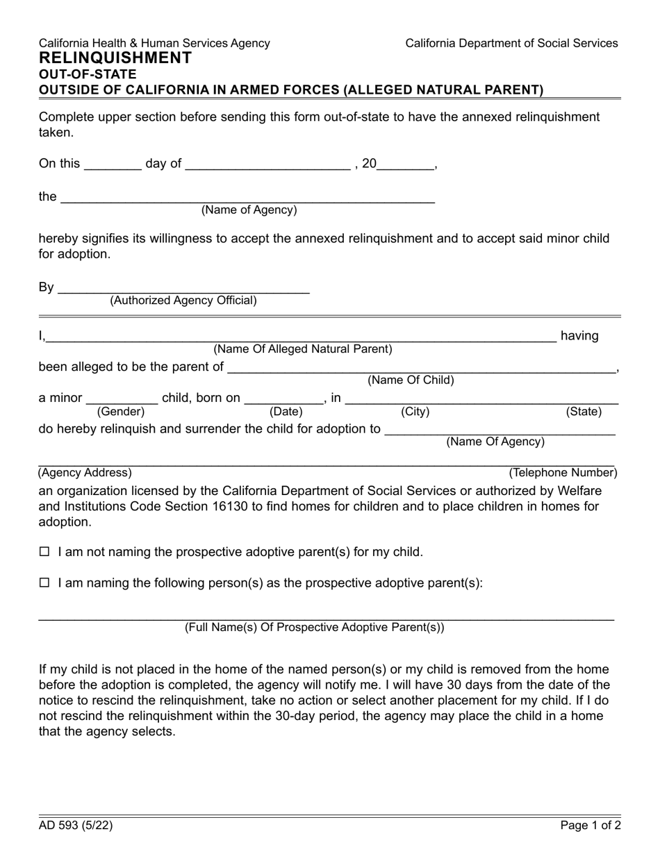 Form AD593 Download Fillable PDF or Fill Online Relinquishment - out of ...