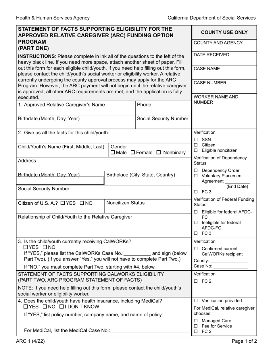 Form ARC1 Download Fillable PDF or Fill Online Statement of Facts ...