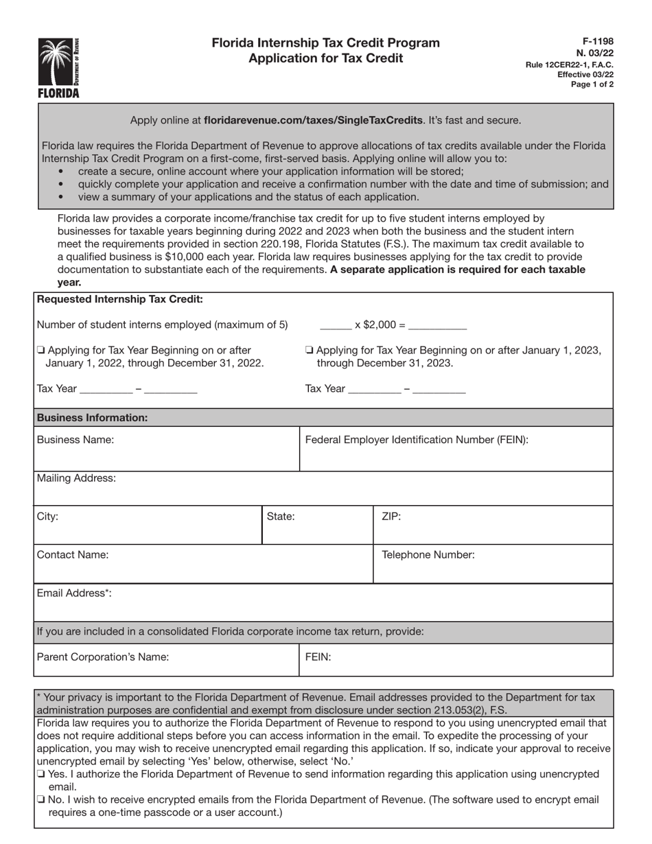 Form F-1198 - Fill Out, Sign Online and Download Printable PDF, Florida ...