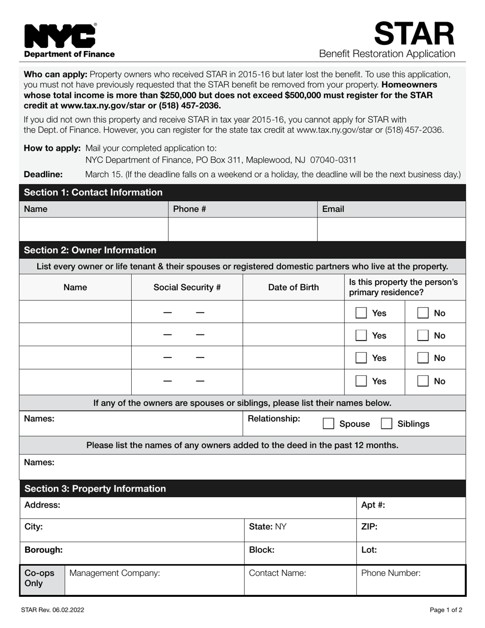 New York City Star Benefit Restoration Application - Fill Out, Sign ...