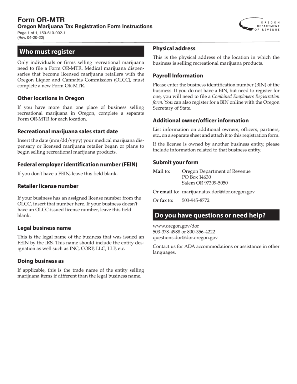 Download Instructions for Form OR-MTR, 150-610-002 Oregon Marijuana Tax ...