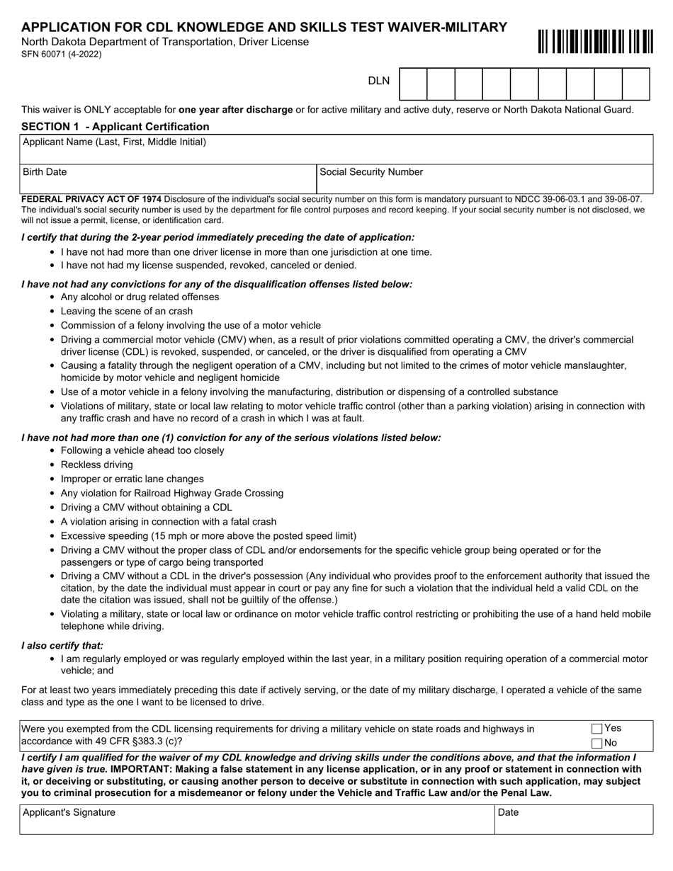 Form SFN60071 Download Fillable PDF or Fill Online Application for Cdl ...
